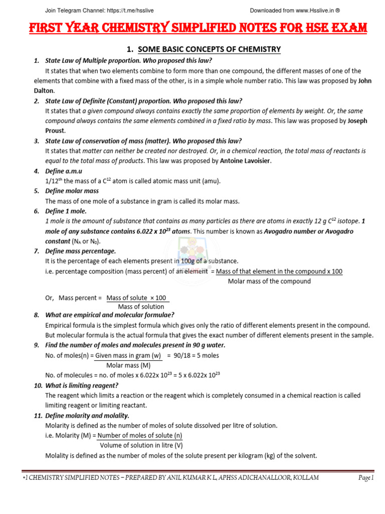 Chemistry (9-Chapter) Short Notes | PDF | Chemical Bond | Mole (Unit)