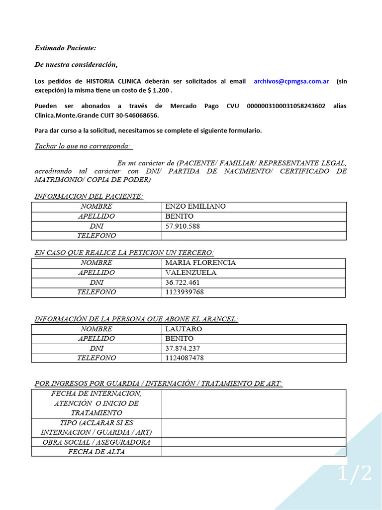 Formulario a Completar Hc | PDF | Historial médico