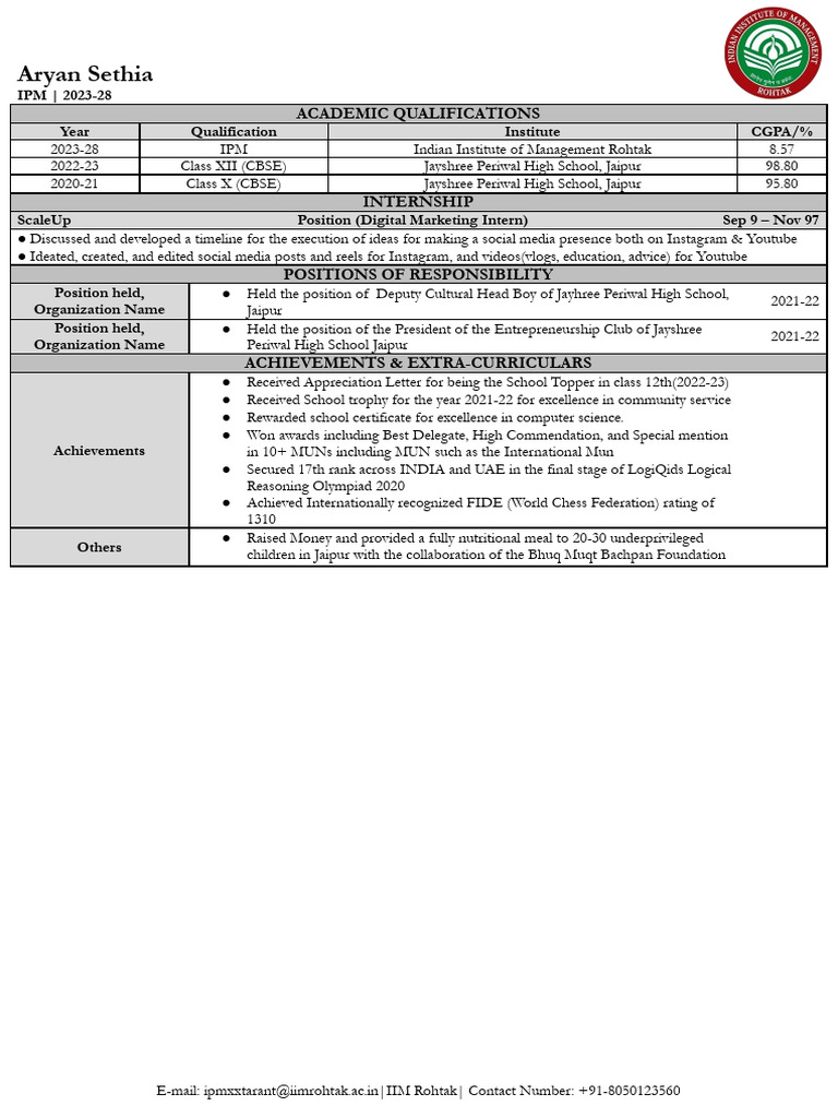 Aryan Sethia CV | PDF