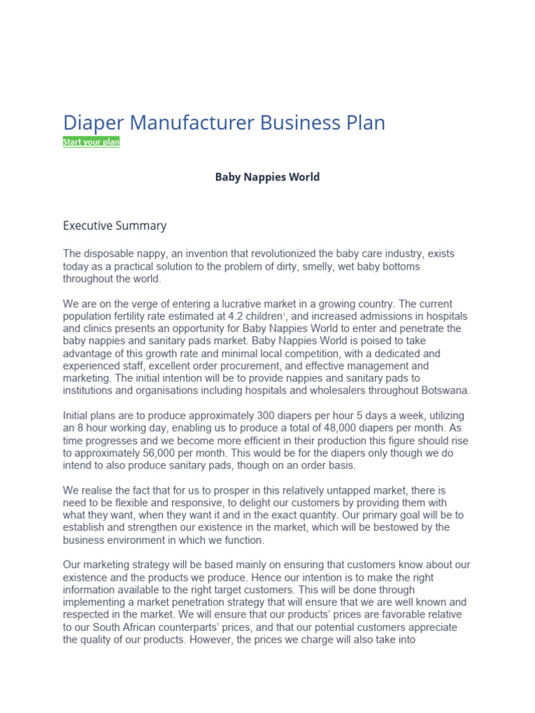 Baby Nappies World Business Plan | PDF | Diaper | Marketing