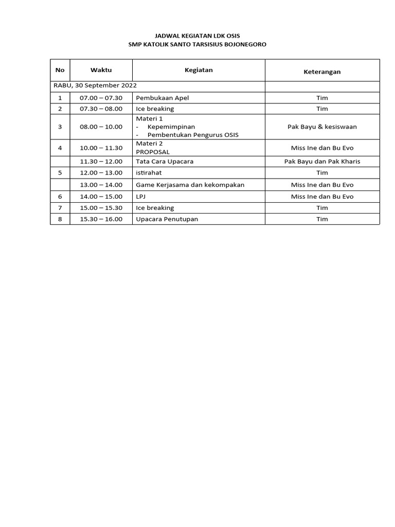 Jadwal Kegiatan LDK Osis SMP K | PDF