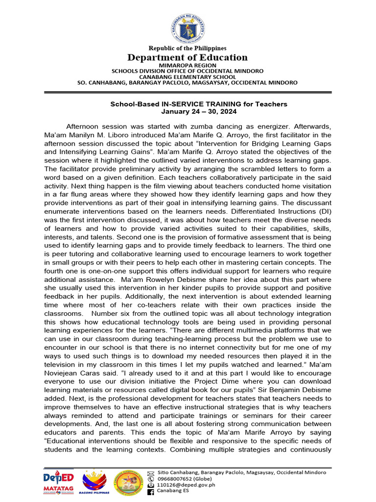 INSET NARRATIVE 2024 | PDF | Learning | Educational Technology