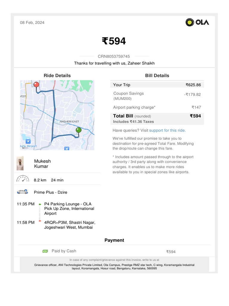 Ola Cab Invoice for Airport Pickup | PDF