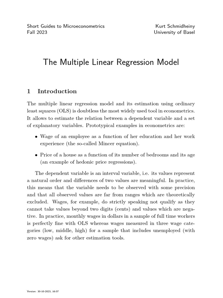 The Multiple Linear Regression Model: Version: 30-10-2023, 16:07 | PDF | Ordinary Least Squares ...
