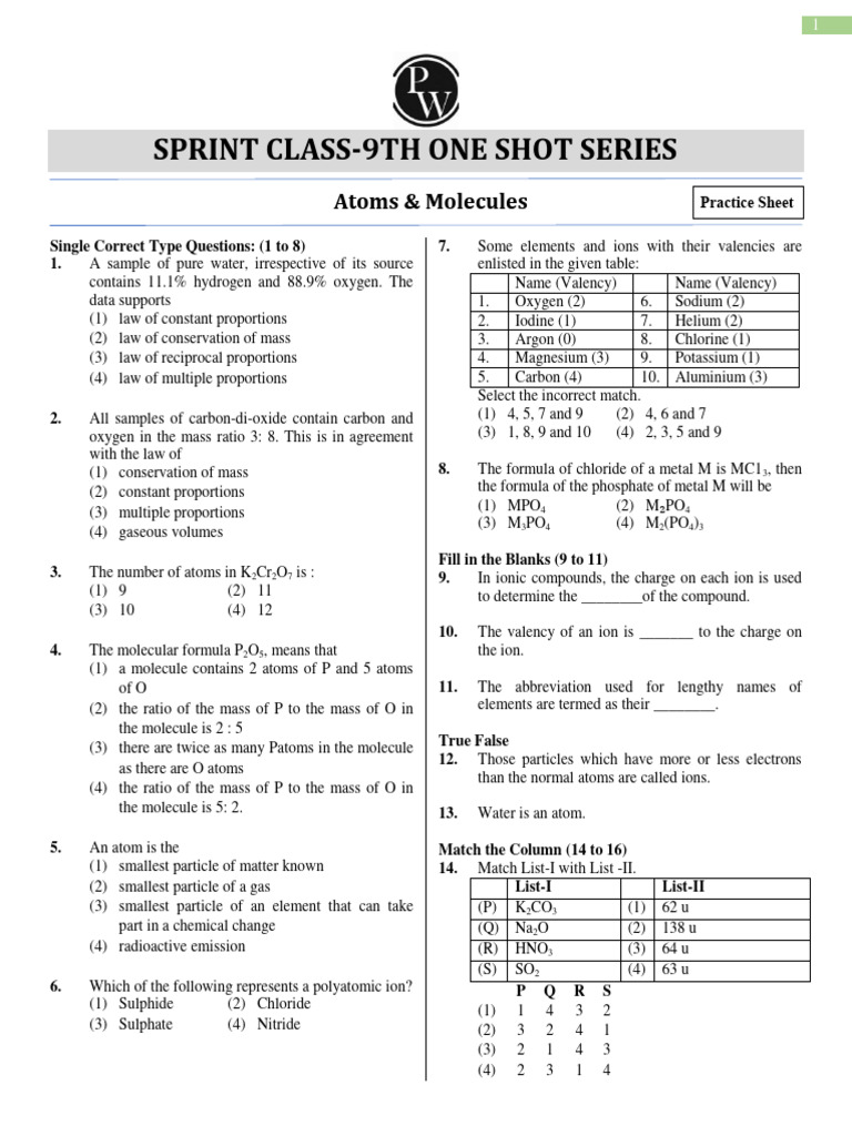 Atoms and Molecules - Practice Sheet | PDF | Chemical Compounds | Molecules