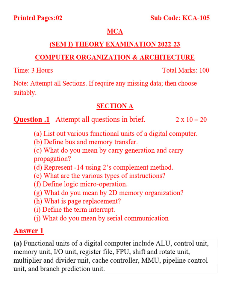 Solved - Mca-1-Sem-Computer-Organization-Architecture-Kca-105 | PDF