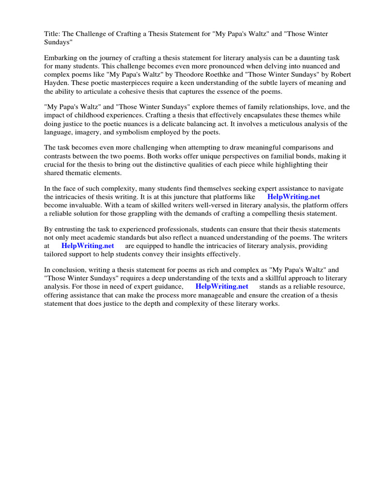 Thesis Statement For My Papas Waltz and Those Winter Sundays | PDF | Poetry