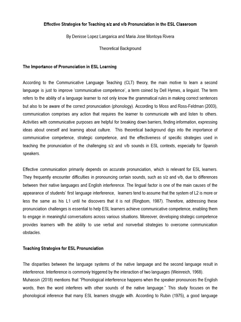 Effective Strategies For Teaching S - Z and V - B Pronunciation in The ESL Classroom | PDF