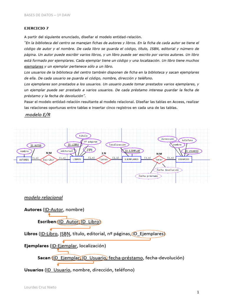 TAREA 7 - Ejercicios Del Diagrama Entidad-Relacion y Modelo Relacional | PDF