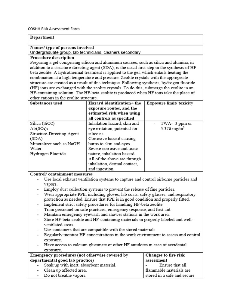 COSHH Form - HF-Beta Zeolite | PDF | Silicon Dioxide | Zeolite