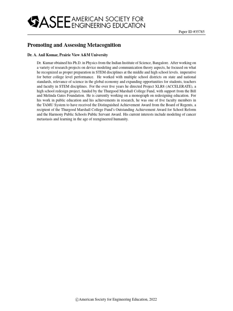 Promoting and Assessing Metacognition | PDF