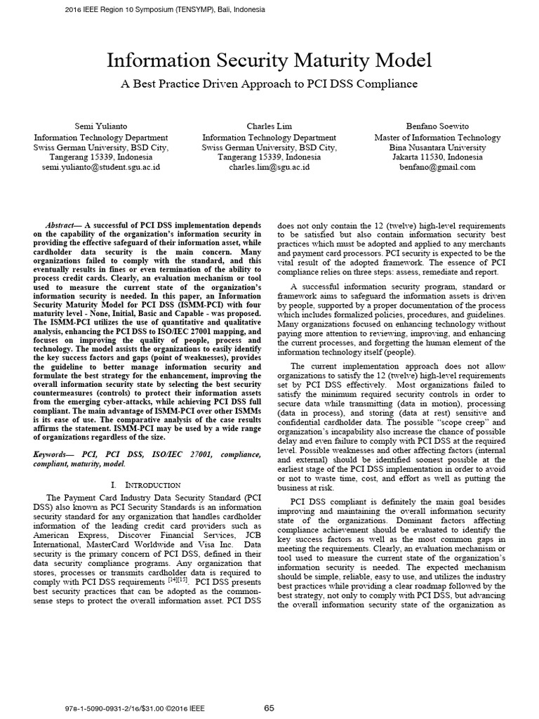 2016 Information Security Maturity Model A Best Practice Driven Approach To Pci Dss