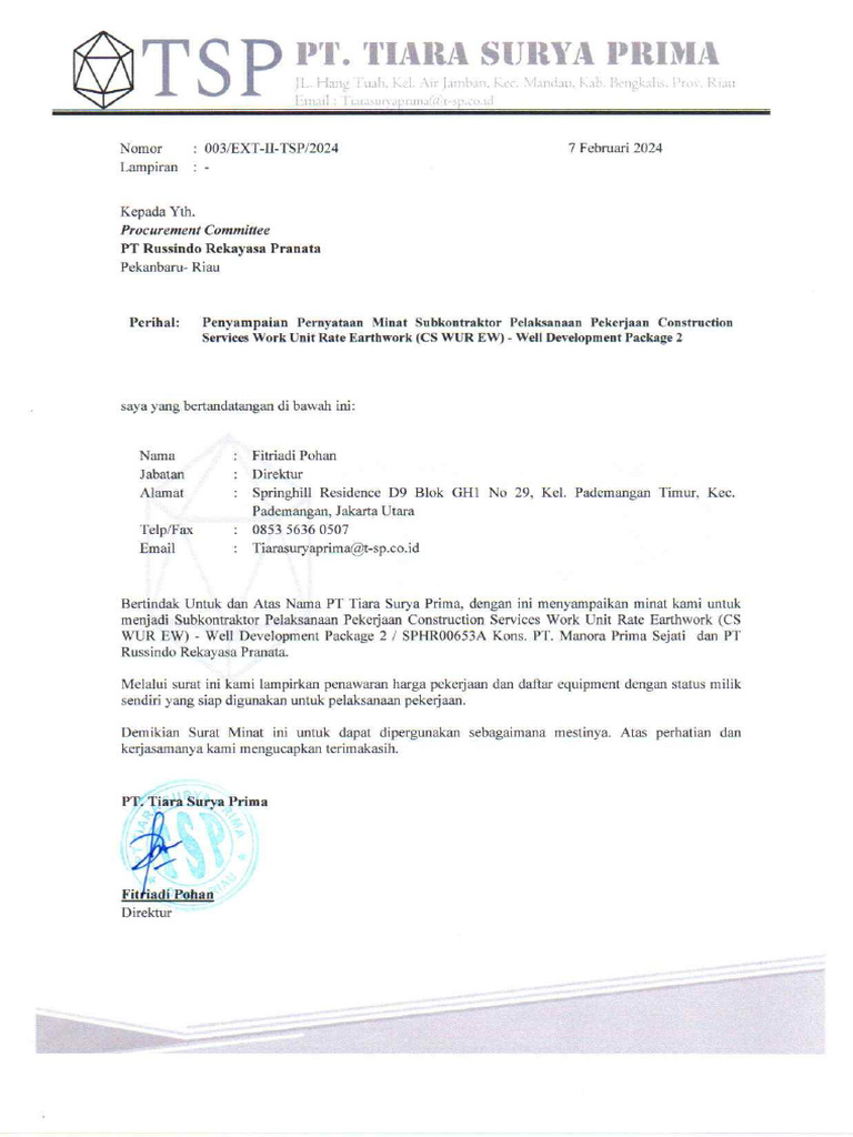 Letter of Interest TSP Russindo | PDF