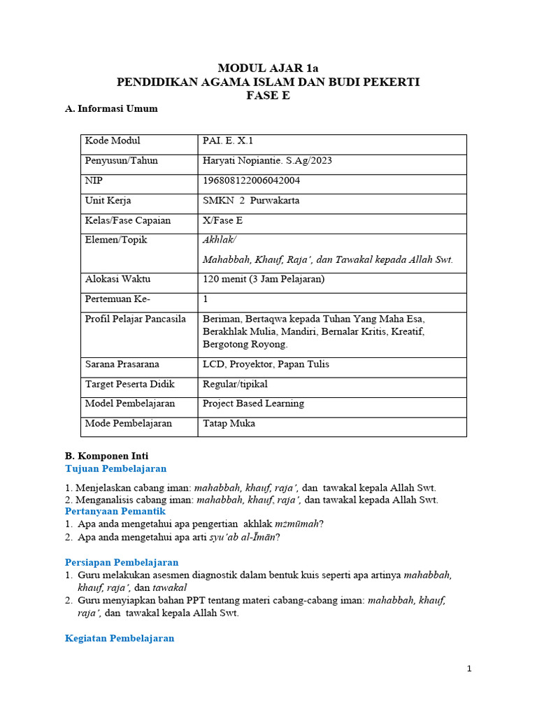 Modul Ajar Pai Sma Kelas X Bab 7 | PDF
