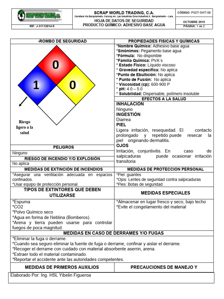 Hoja de Seguridad Adhesivo Base Agua | PDF | Agua | Contaminación