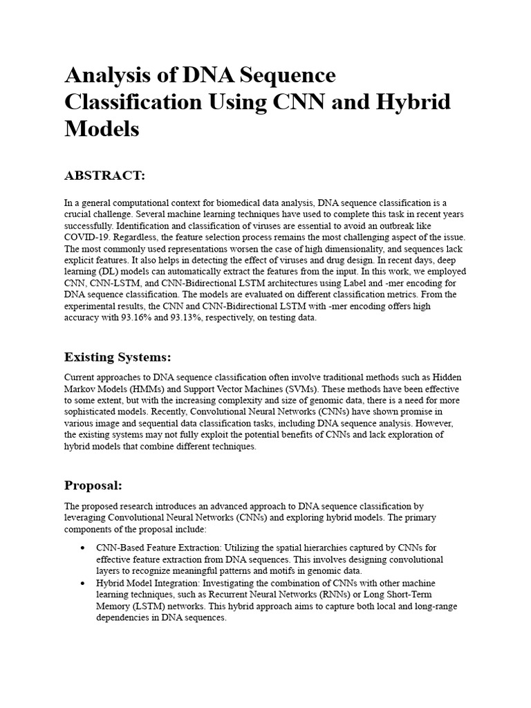 Analysis Of Dna Sequence Classification Using Cnn And Hybrid Models Pdf