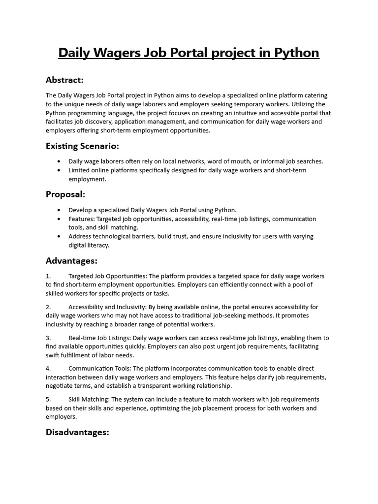 Daily Wagers Job Portal Project in Python | PDF