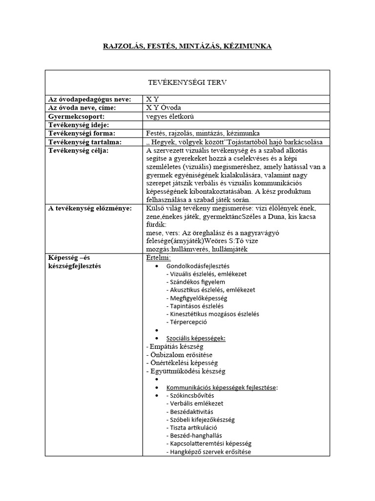 Foglalkozás Tervezet - Rajzolás, Festés, Kézi Munka | PDF