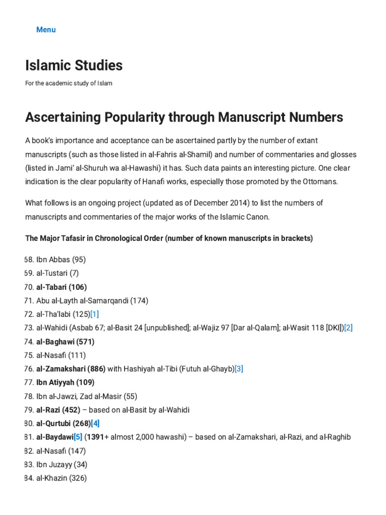 Ascertaining Popularity Through Manuscript Numbers - Islamic Studies ...