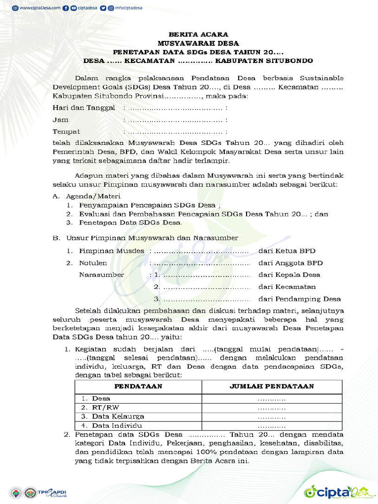 Berita Acara Musdes Penetapan Data SDGs Desa | PDF