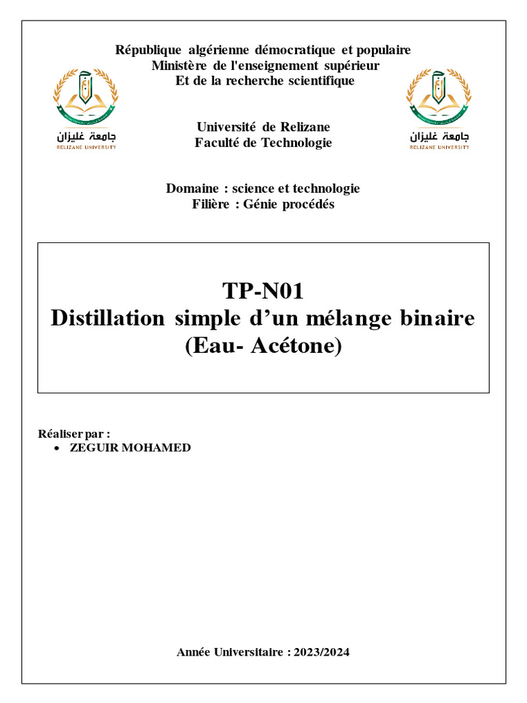 Distillation Simple d’Un Mélange Binaire (Eau- Acétone) | PDF