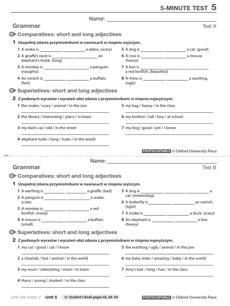 Unit 5 Grammar Test for Class 5 | PDF
