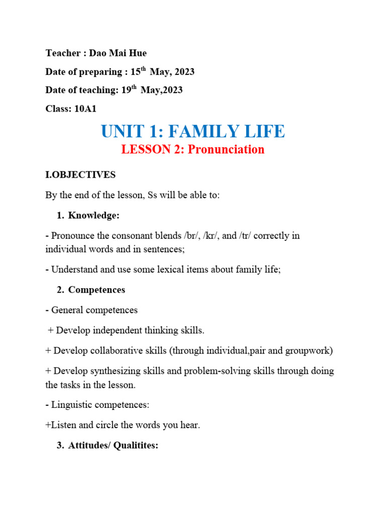 Family Life Pronunciation Lesson Plan | PDF | Teachers | Lesson Plan
