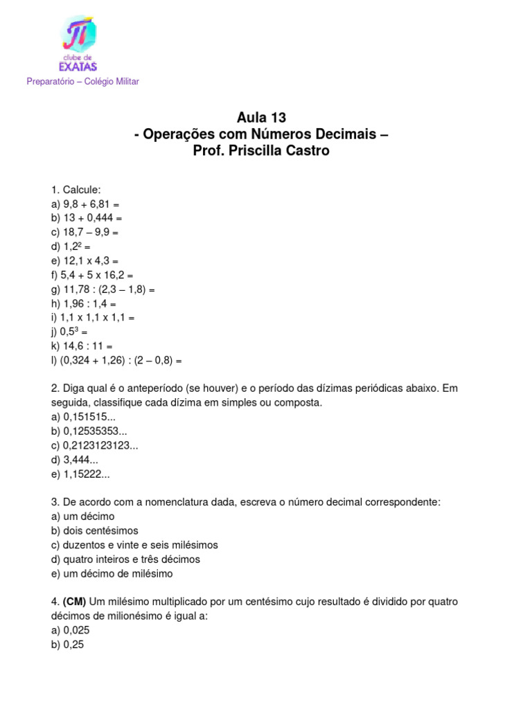 (T-A 8h) Aula 13 (11.03) Lista de Exercícios - Operações Com Números ...