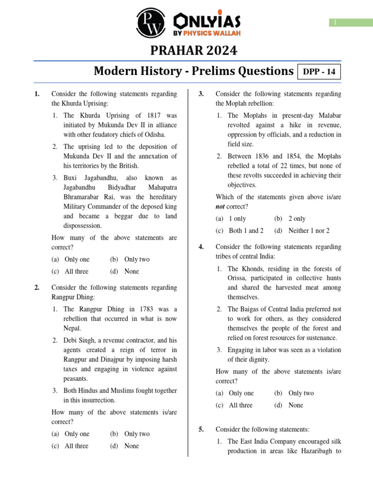 Modern History - DPP 14 - UPSC Prahar (Hinglish) | Download Free PDF | Rebellions