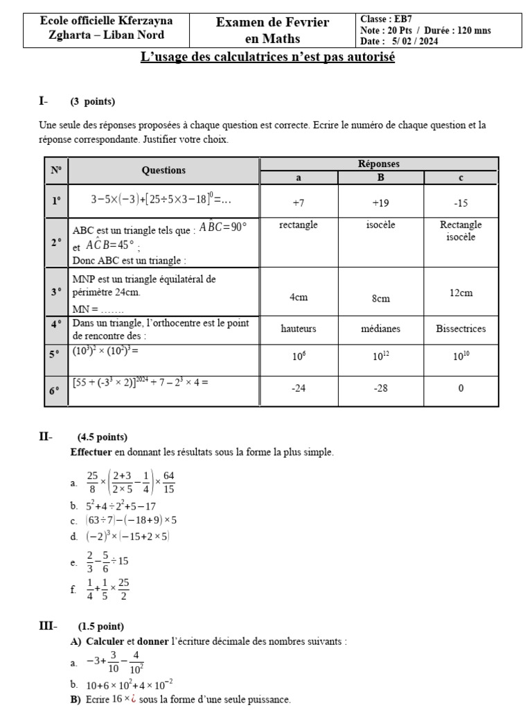 Examen Maths EB7 - Février 2024 | PDF | Triangle | Objets mathématiques