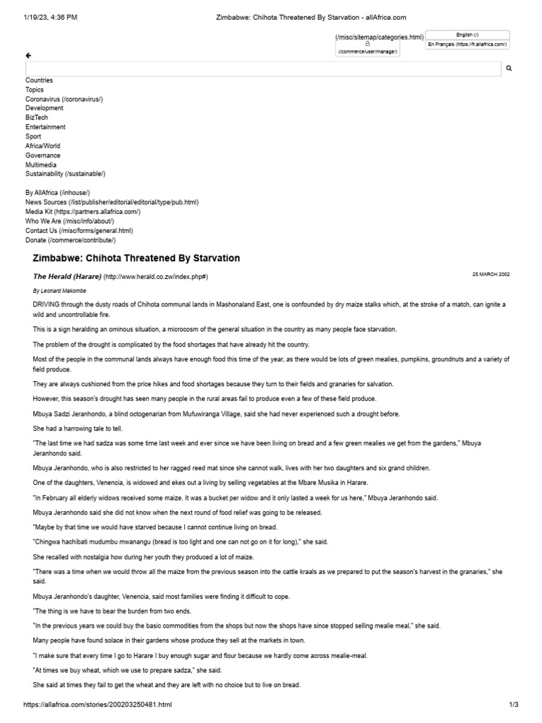 Zimbabwe - Chihota Threatened by Starvation | PDF