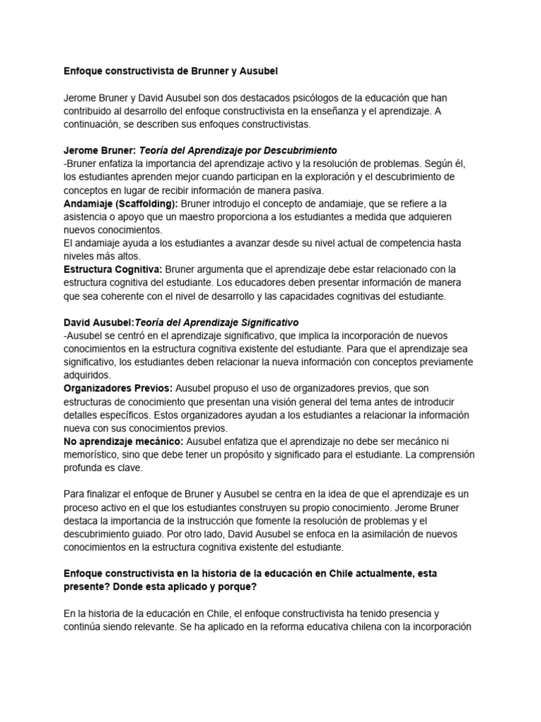 Enfoque Constructivista de Brunner y Ausubel | PDF