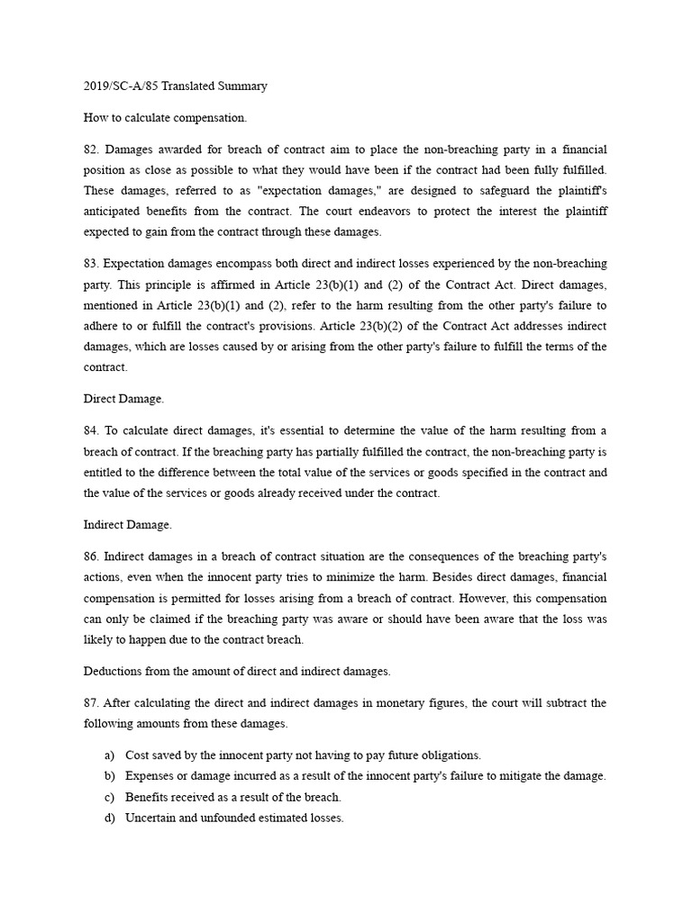 2019 SC-A 85 Translated Summary | PDF | Damages | Breach Of Contract