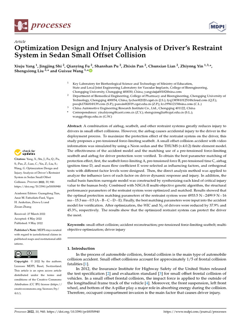 Processes 10 00940 v2 | PDF | Seat Belt | Airbag