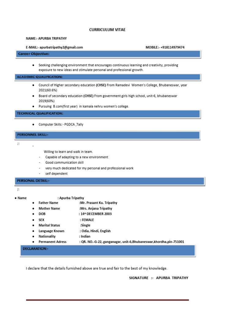 Curriculum Vitae: Name:-Apurba Tripathy | PDF