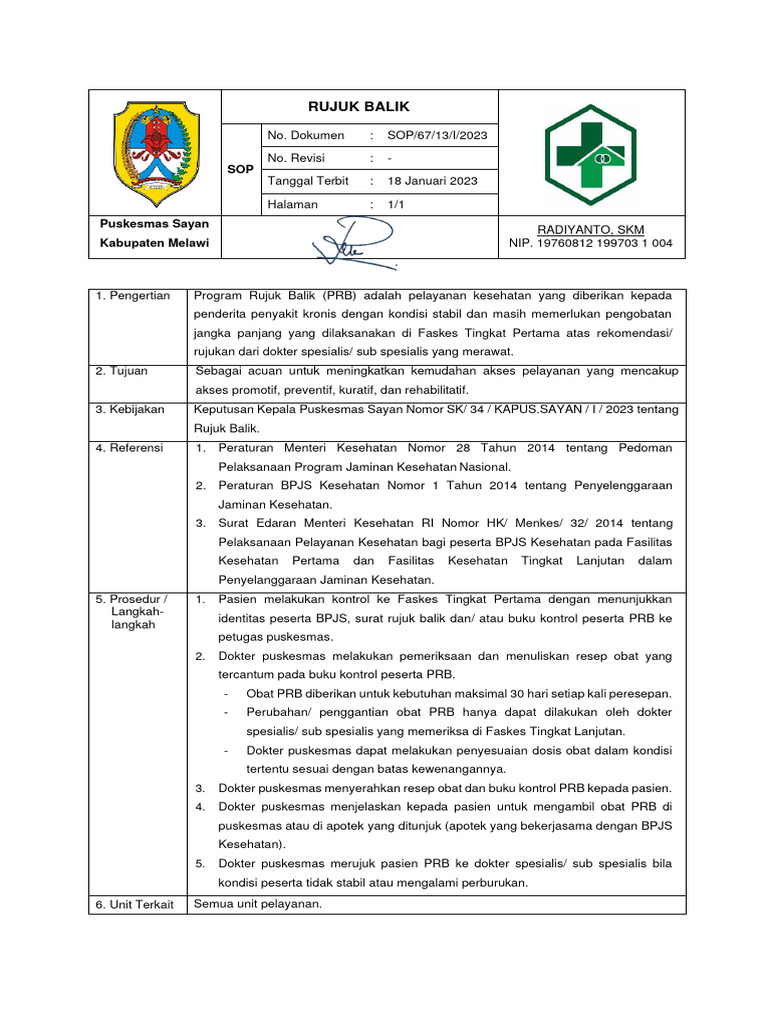 SOP Rujuk Balik Puskesmas Sayan | PDF