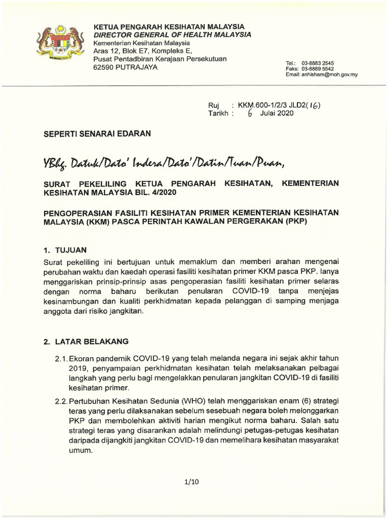 Surat Pekeliling Ketua Pengarah Kesihatan, Kementerian Kesihatan Malaysia Bil. 42020 ...