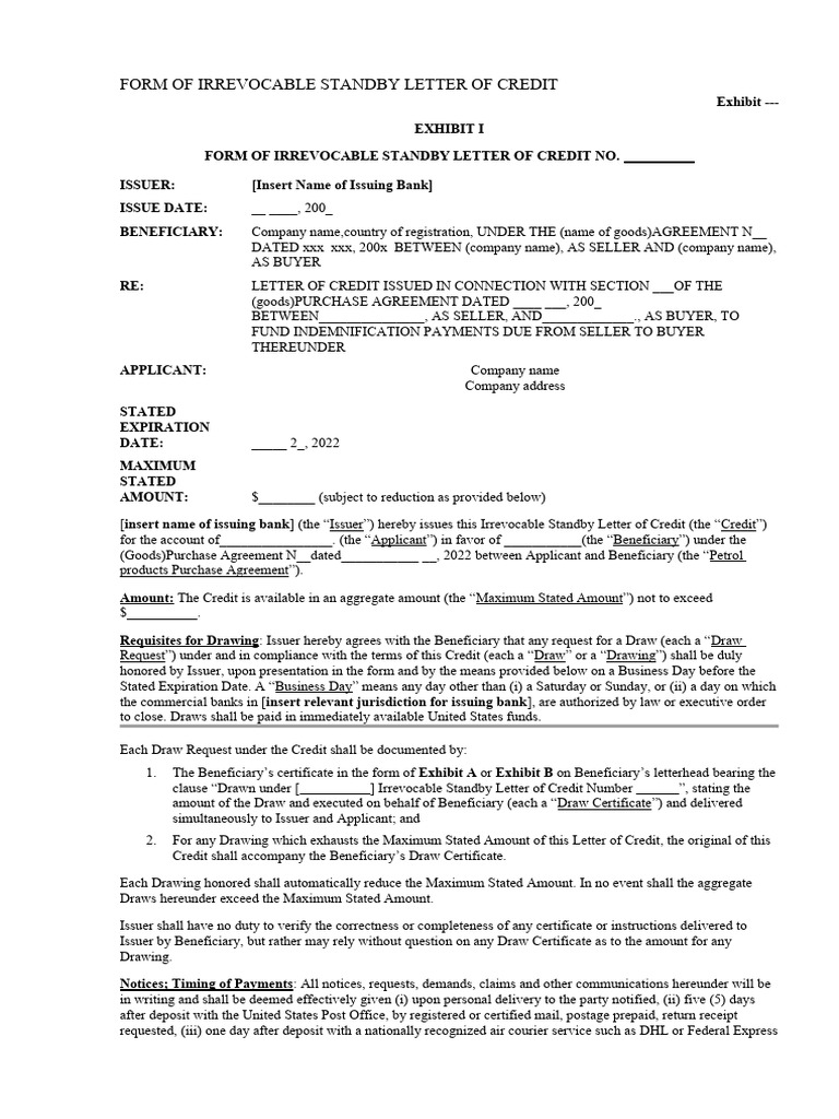 Form of Irrevocable Standby Letter of Credit | PDF | Letter Of Credit ...