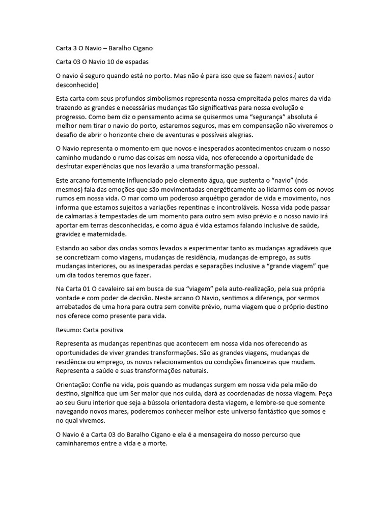 Carta 03 O Navio - Baralho Cigano | PDF | Vida | Amor Carta 03 O Navio - Baralho Cigano | PDF | Vida | Amor