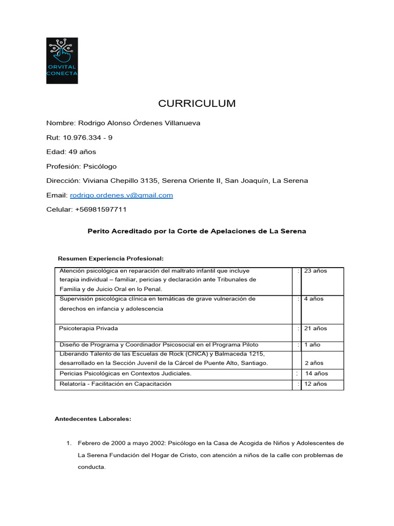 Curriculum Perito Psicólogo Rodrigo Ordenes | PDF | Psicoterapia | Psicólogo