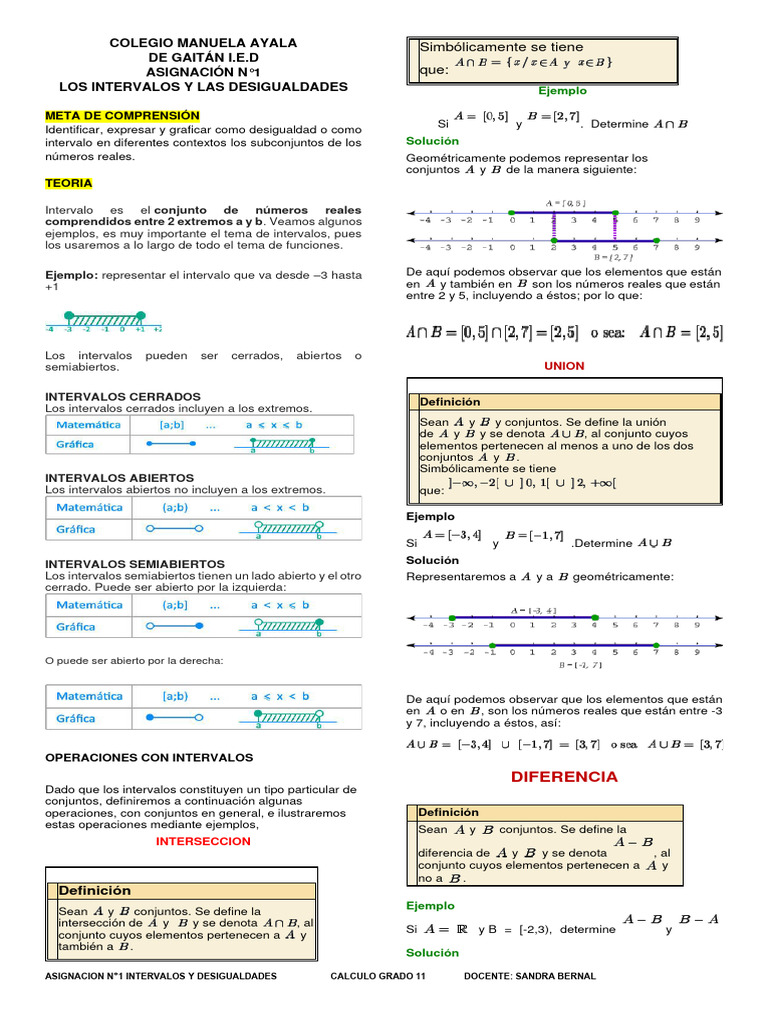 ASIGNACIÓN N° 1 INTERVALOS Y DESIGUALDADES 1P GRADO ONCE | PDF | Intervalo (Matemáticas ...