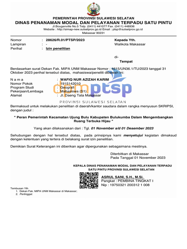 Surat Izin Penelitian PTSP | PDF