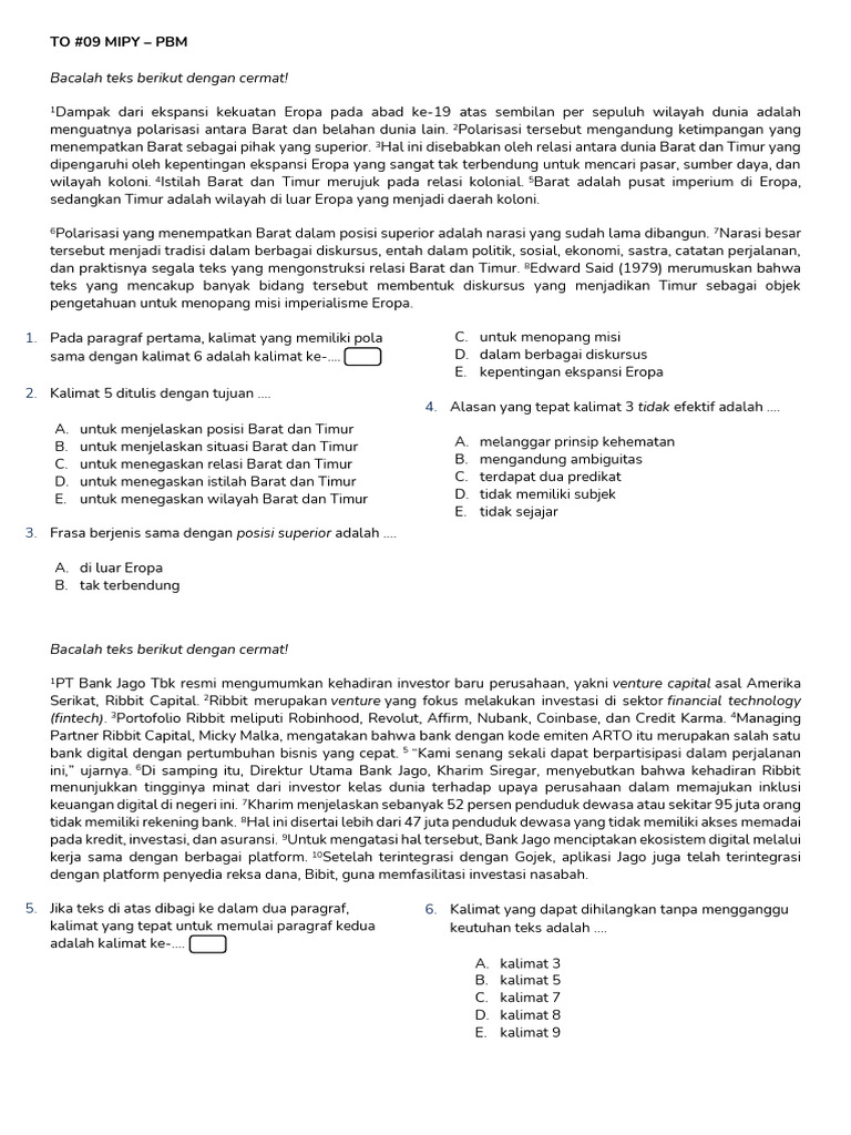 Bacalah Teks Berikut Dengan Cermat!: To #09 Mipy - PBM | PDF