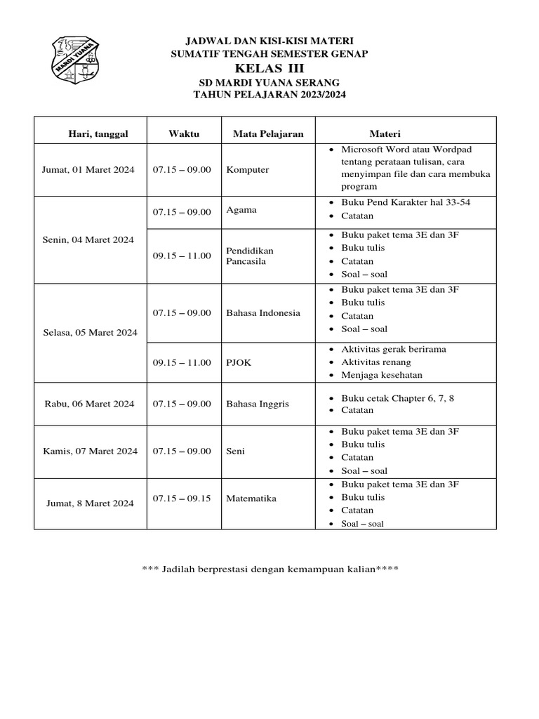 Kisi Kisi PTS Genap Kelas 3 | PDF