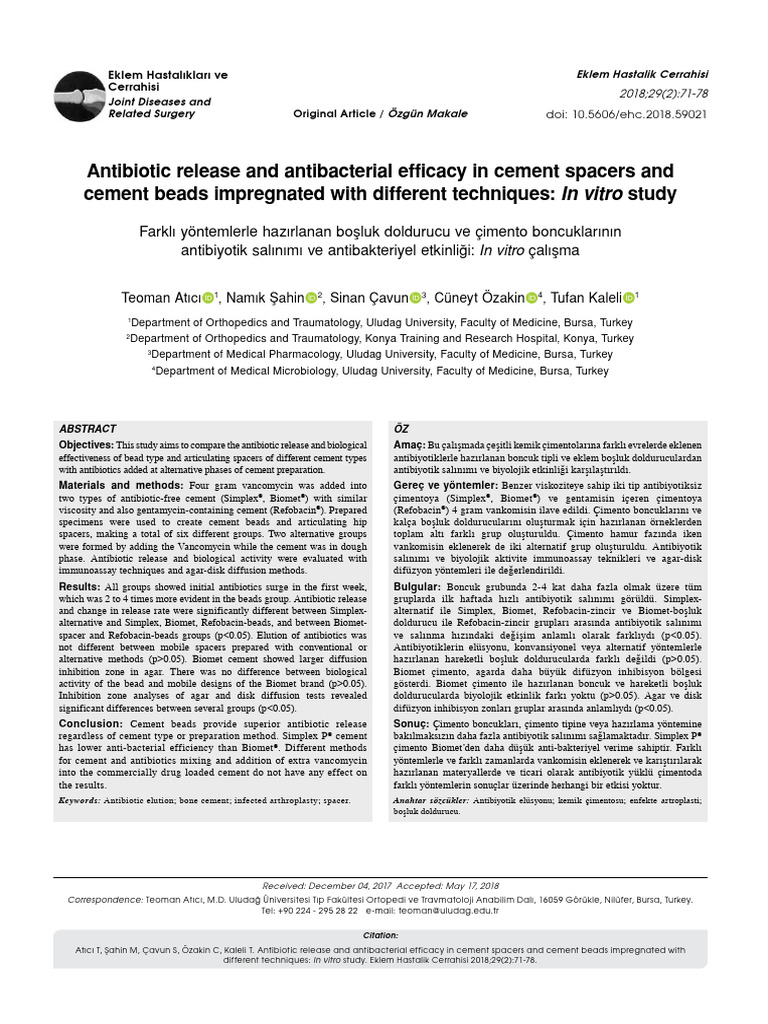 Antibiotic Release And Antibacterial Efficacy In Cement Spacers And