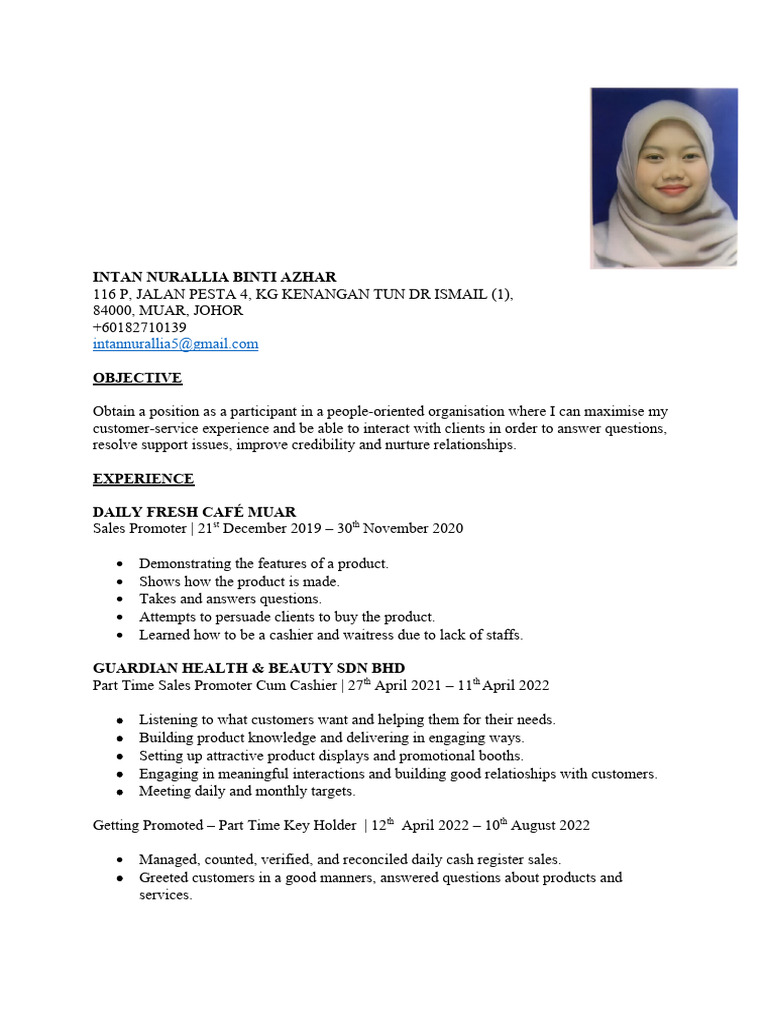 Resume - Intan Nurallia Binti Azhar | PDF | Cash | Sales