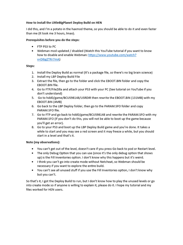 How To Install The LittleBigPlanet Deploy Build On HEN | PDF