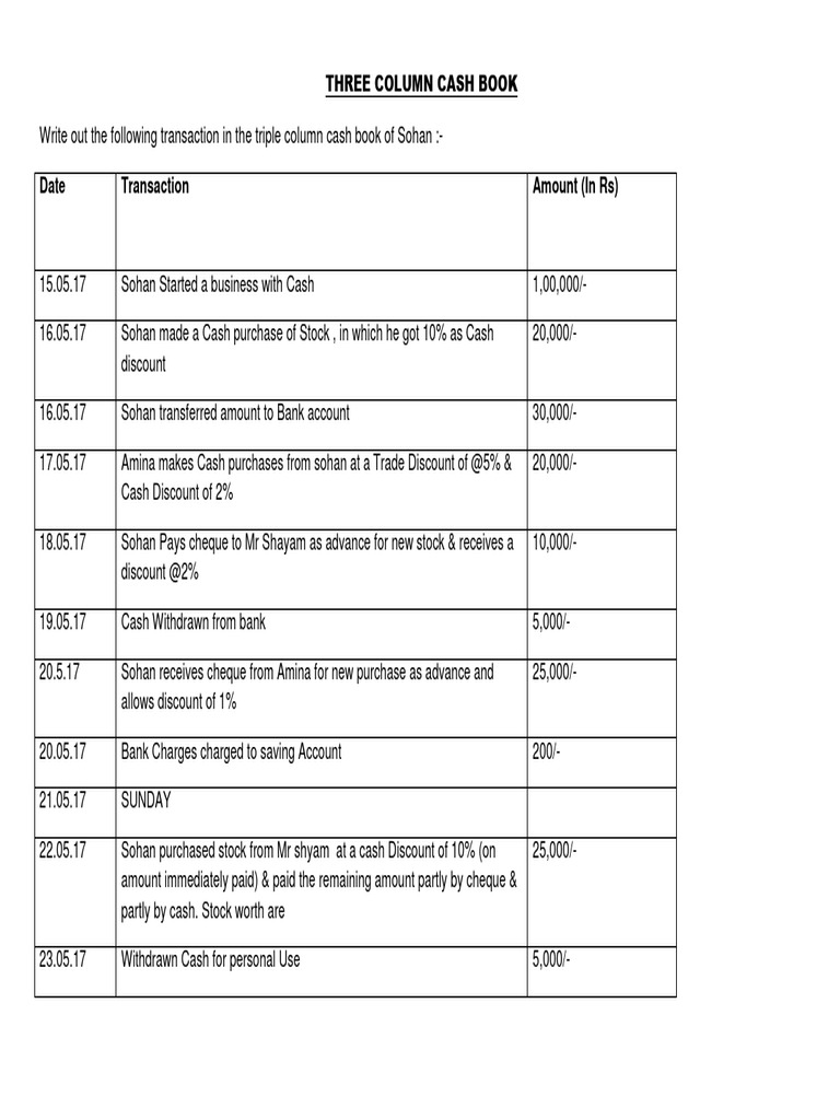 Solved Example Three Column Cash Book | PDF