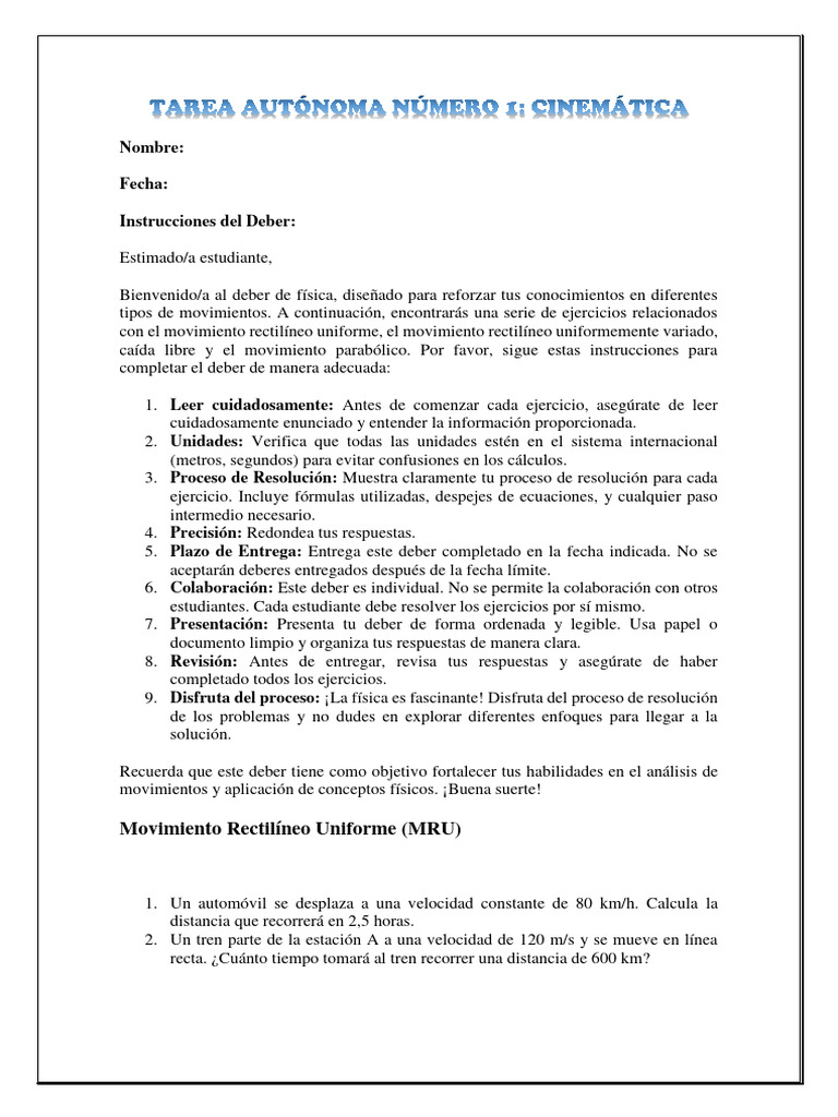 Tarea 1 - Cinemática | PDF | Velocidad | Aceleración