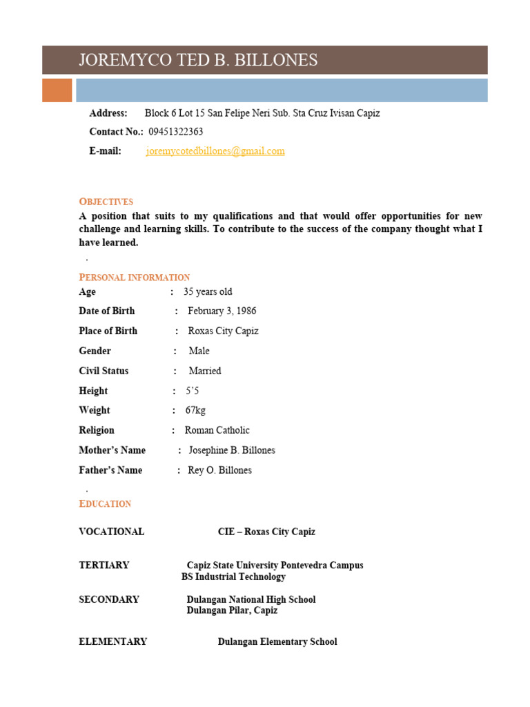 JOREMYCO TED BILLONES Resume | PDF